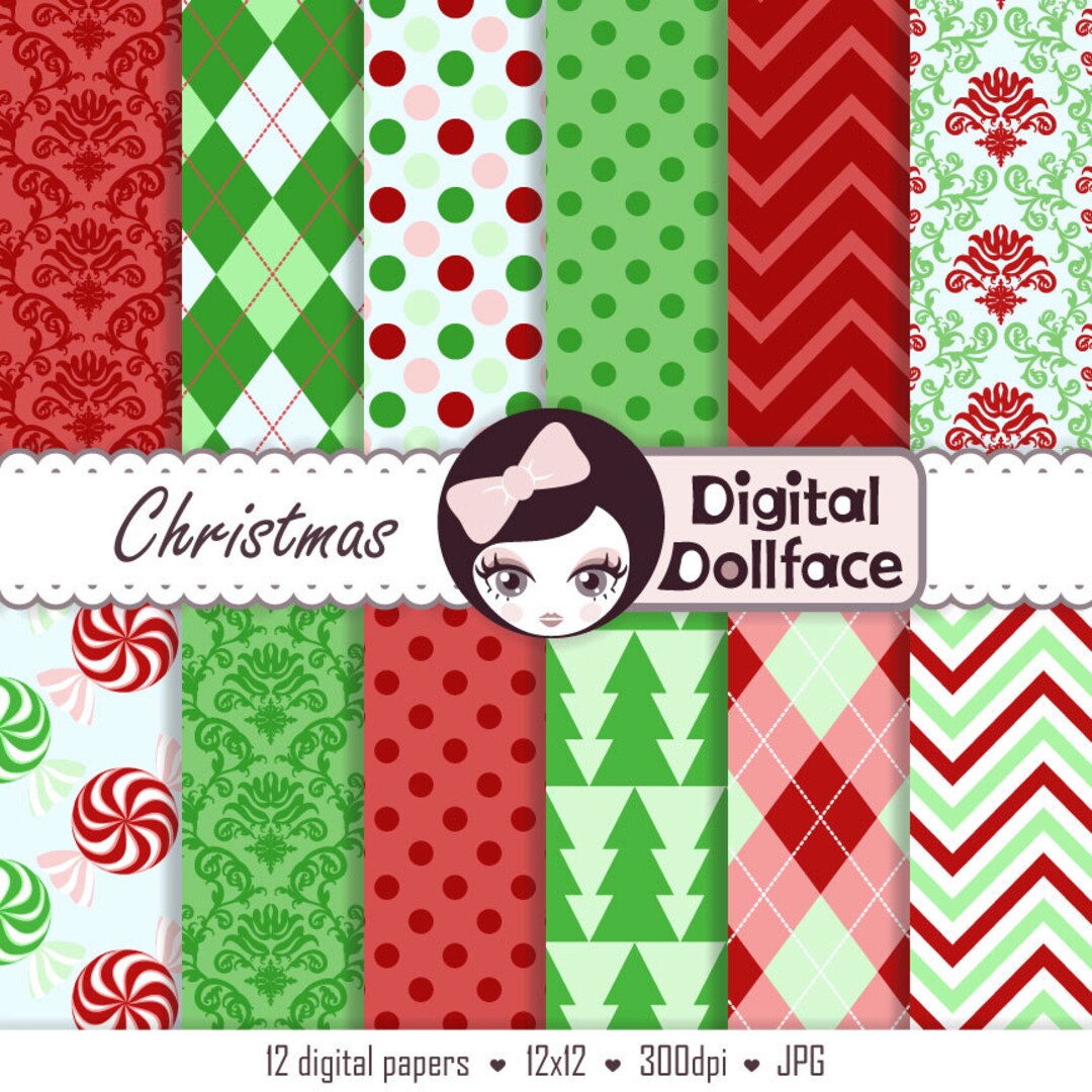 Holiday Digital Paper, Christmas Scrapbook Paper, Red and Green ...