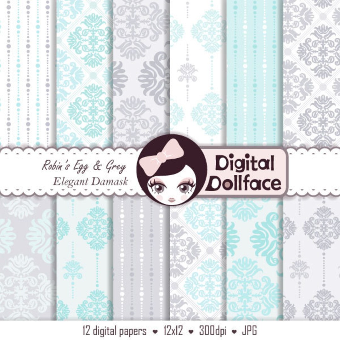 Robin's Egg Blue & Gray Digital Paper, Pastel Damask Scrapbook Paper ...