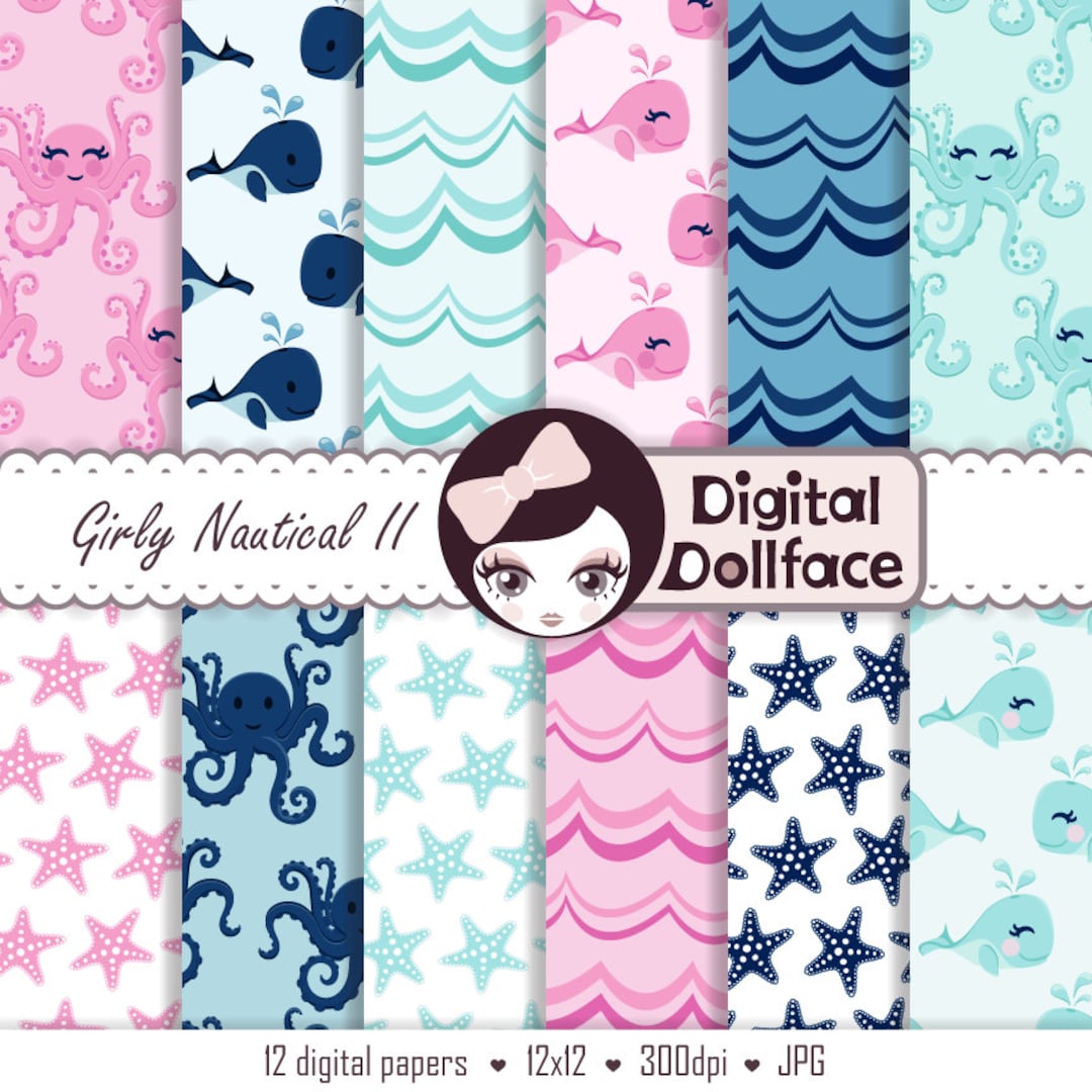 Ocean / Sea Digital Paper, Whale, Waves & Starfish / Pink Nautical ...