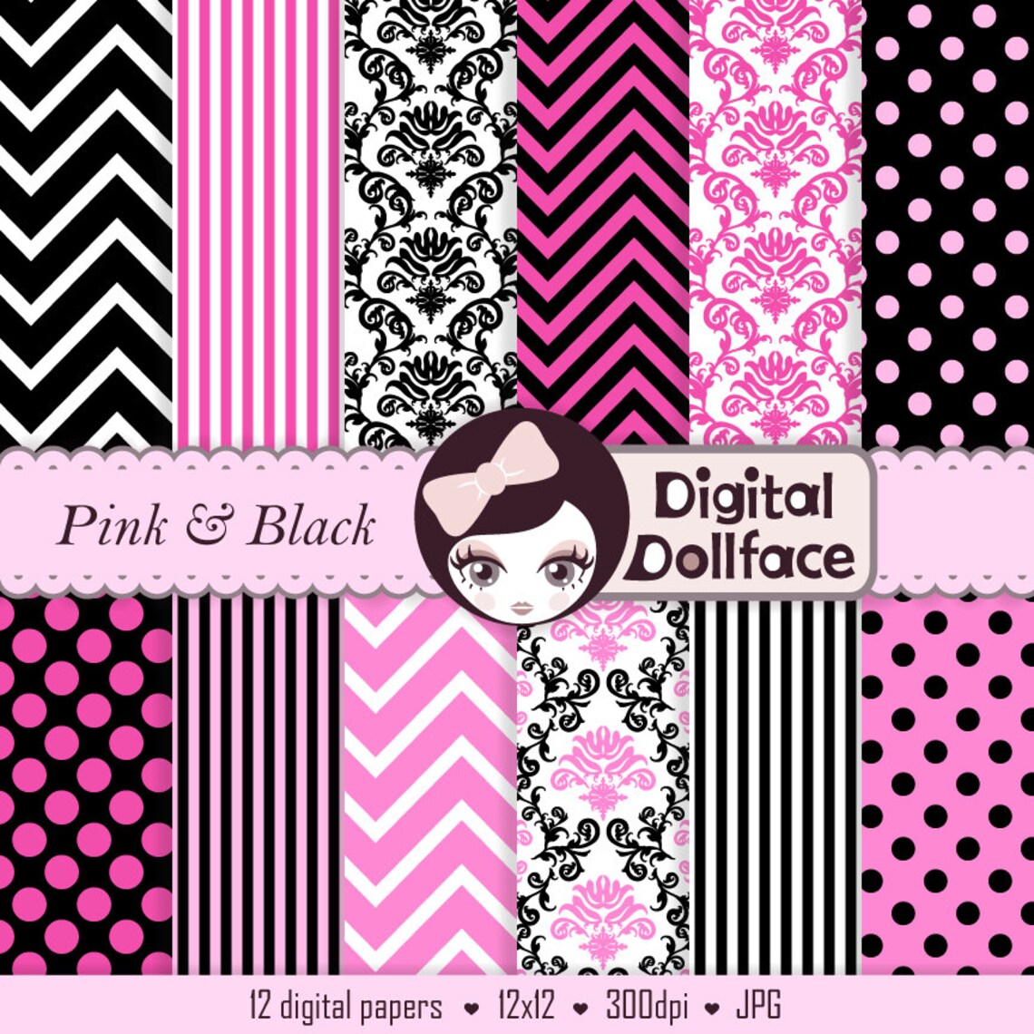 Pink and Black Digital Paper Chevron Damask Stripe Polka - Etsy