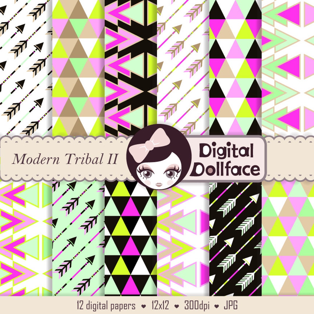Neon Tribal Digital Paper, Instant Download, Arrows & Triangles ...