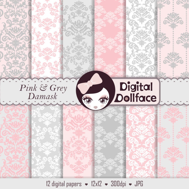 Pink and Grey Damask Digital Paper Baby Girl Scrapbook Paper - Etsy