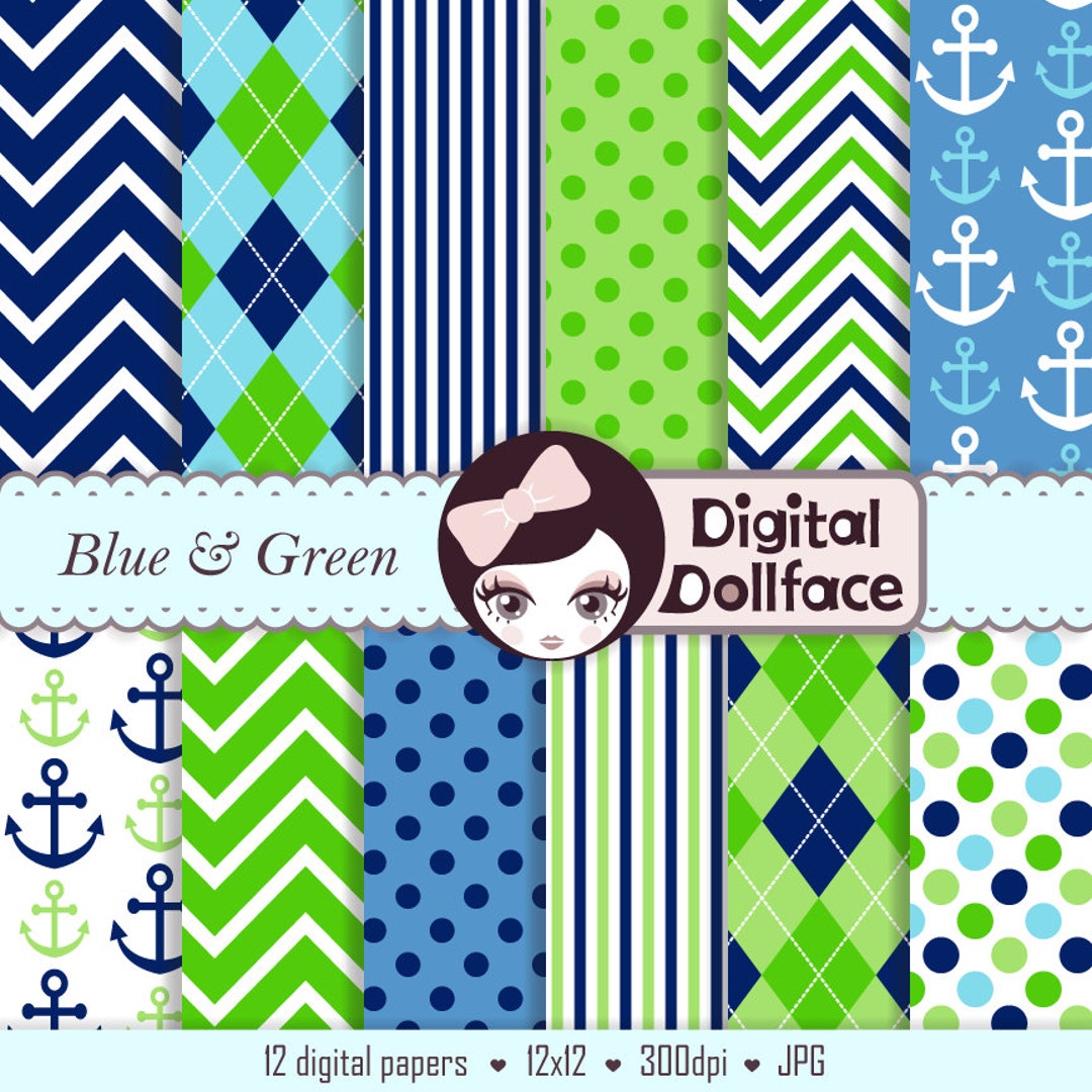 Blue and Green Digital Paper, Baby Boy Digital Paper, Anchors, Argyle ...