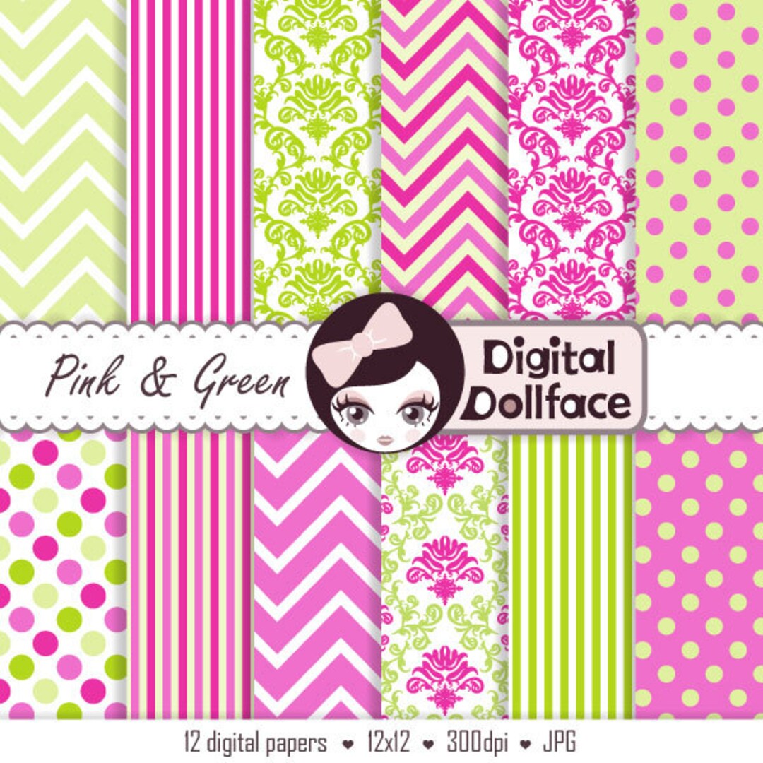Pink and Green Digital Paper, Chevron, Polka Dots, Damask Scrapbook ...