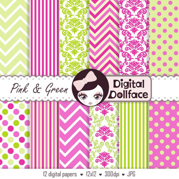 Pink and Green Digital Paper Chevron Polka Dots Damask | Etsy