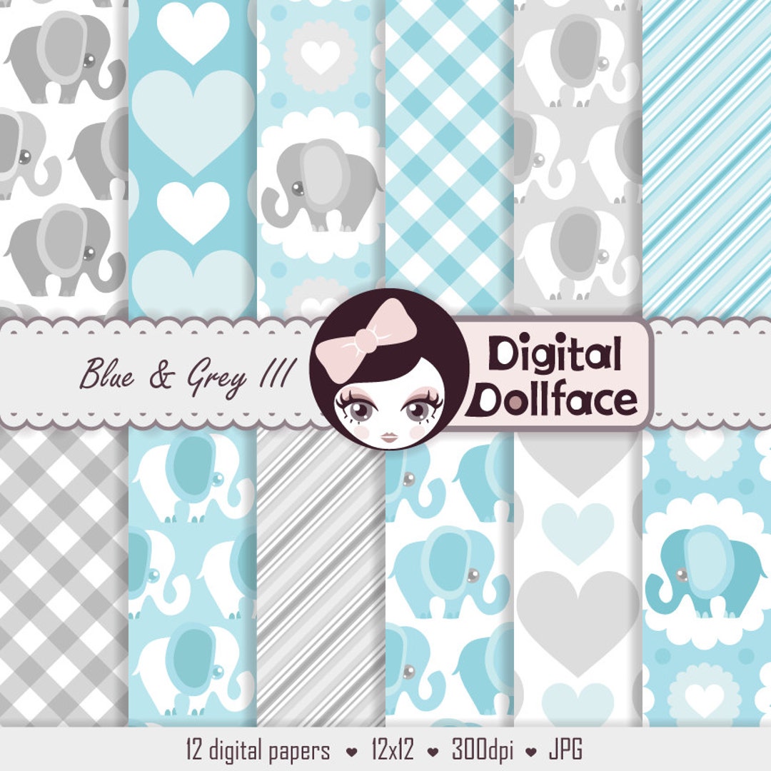 Baby Shower Digital Paper Teal Elephant Scrapbook Paper Baby - Etsy