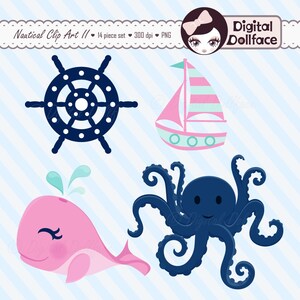 Pink Nautical Clip Art, Girl, Whale, Octopus, Starfish, Anchor Clipart ...