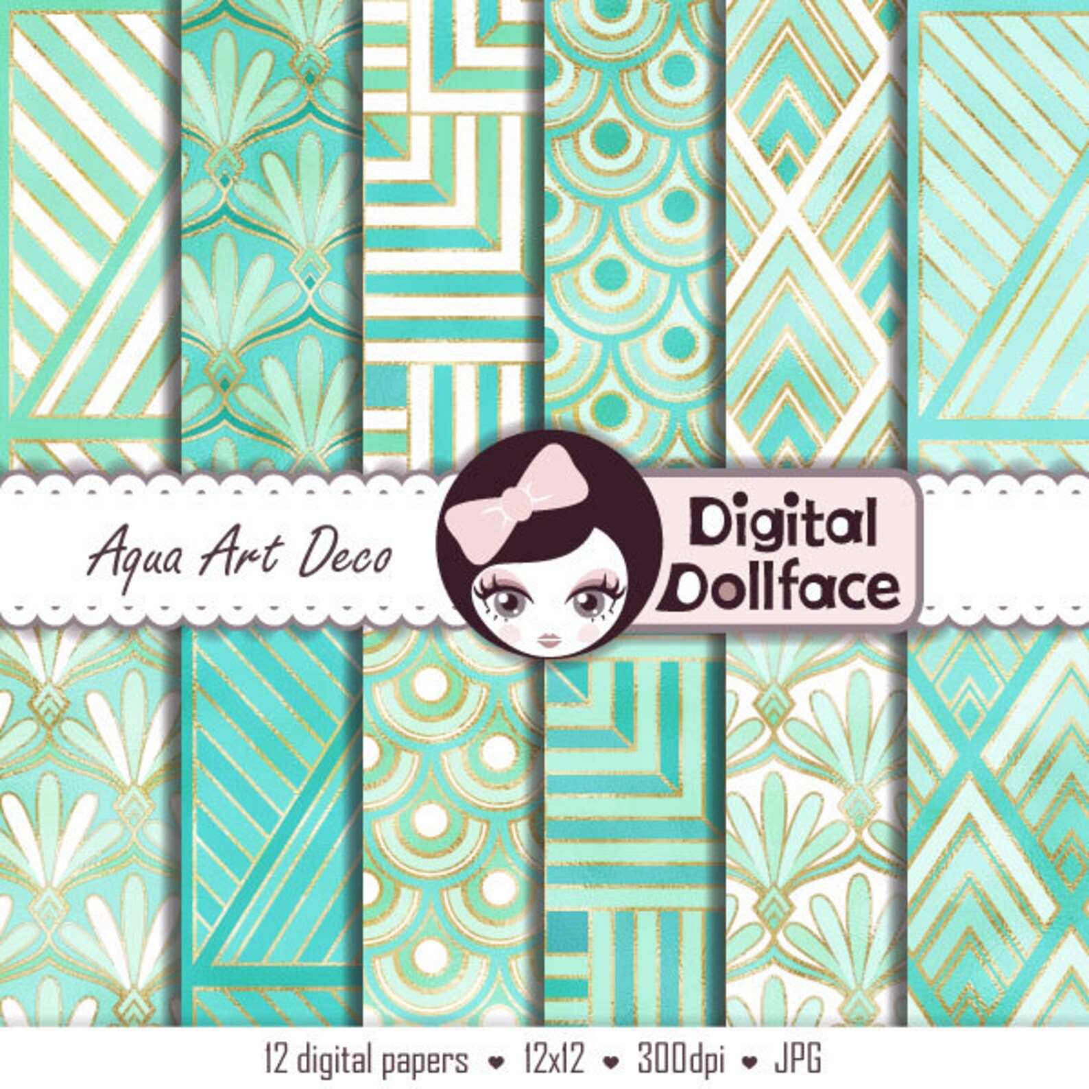 Aqua Digital Paper Mint Teal and Gold Printable Art Deco | Etsy