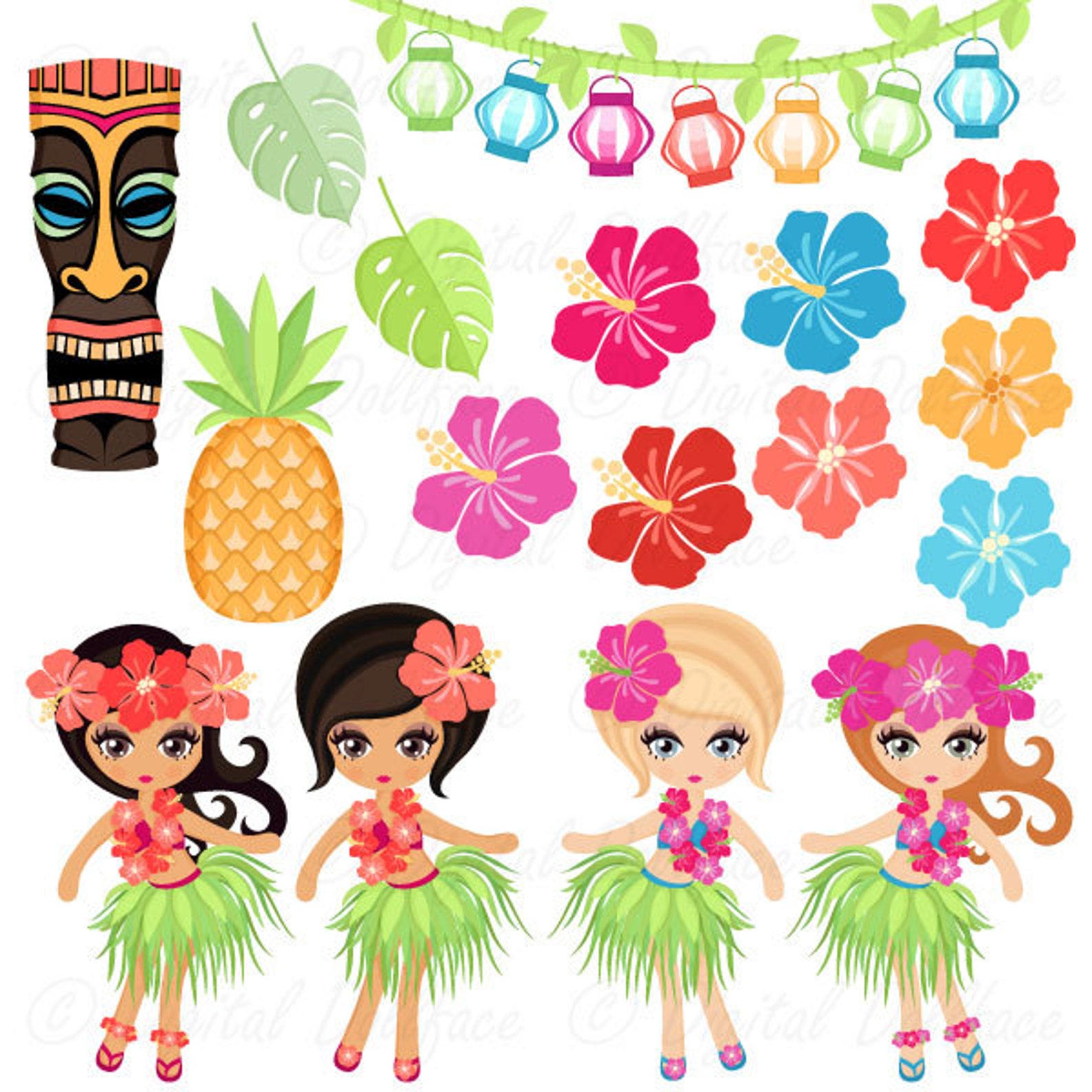 Hawaiian Luau Clipart / Hula Girl Hibiscus Tiki Clip Art - Etsy