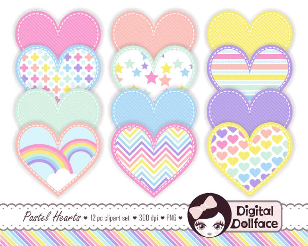 Rainbow Pastel Clipart, Stitched Heart Graphics, Cute Clip Art Images ...