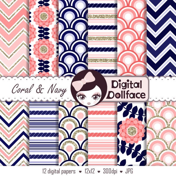 Coral and Navy Digital Paper Nautical Wedding Decor or Baby - Etsy