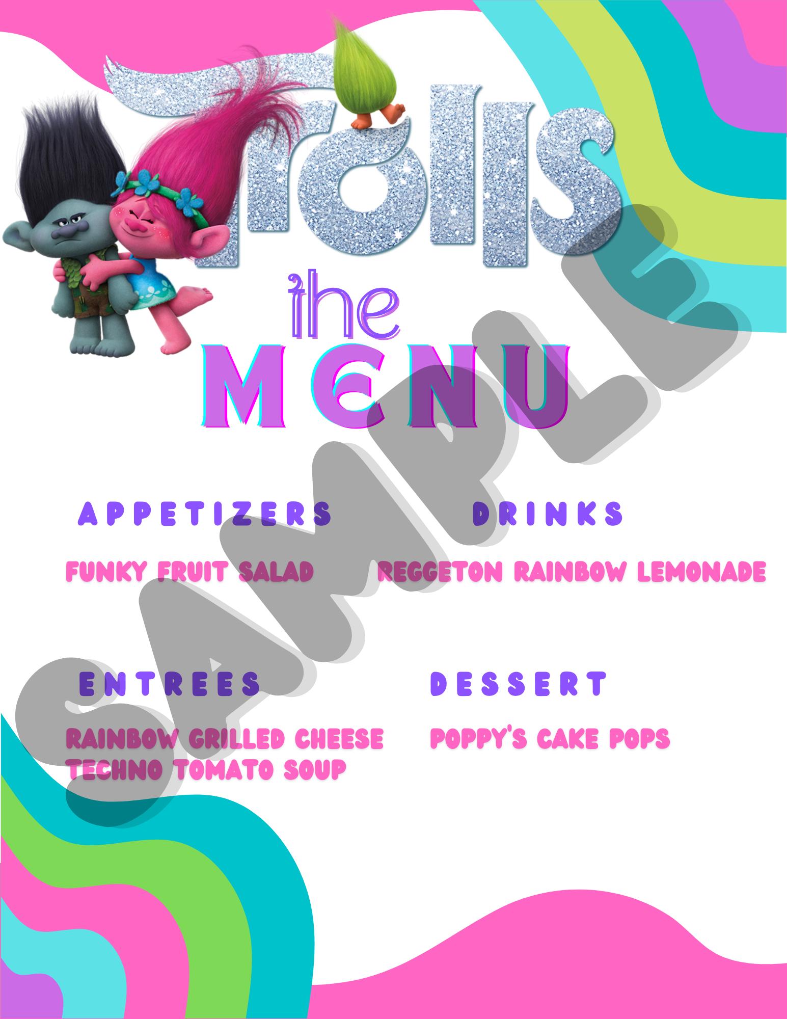 Trolls Theme Night Movie Night Menu With Tickets - Etsy