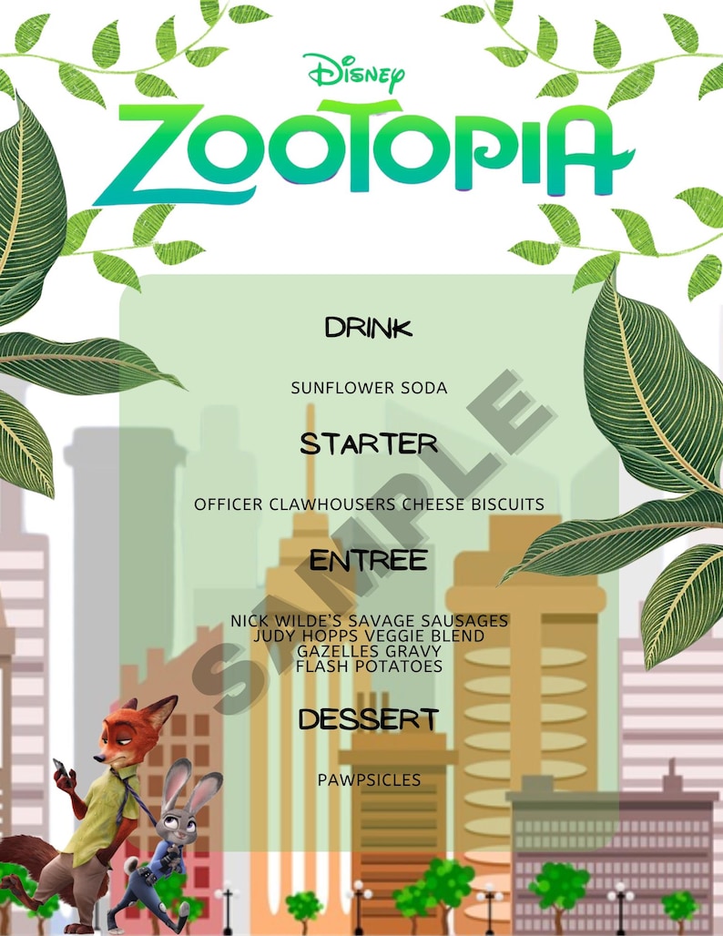 Zootopia Inspired Editable Movie Night Menu Template Bundle | Kid ...