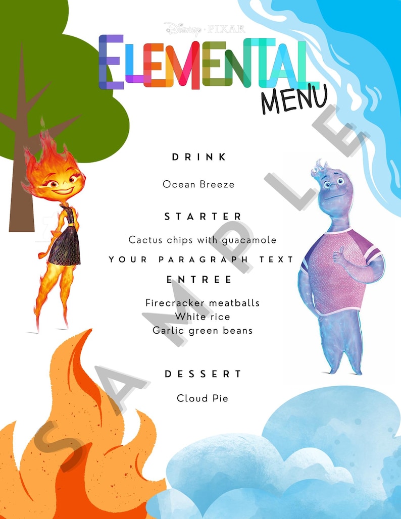 Elemental Movie Night Theme Night Menu Template - Etsy