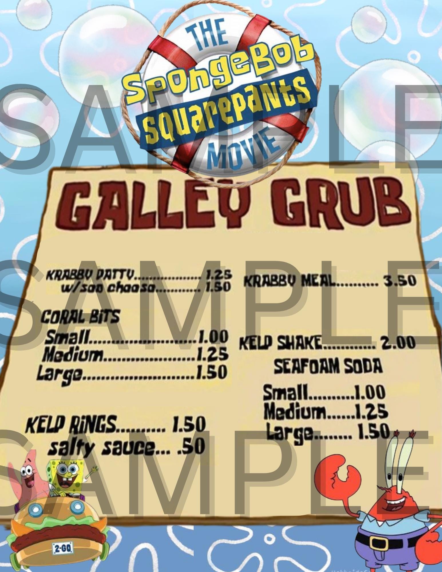 Spongebob Squarepants Movie Night Theme Night Menu - Etsy