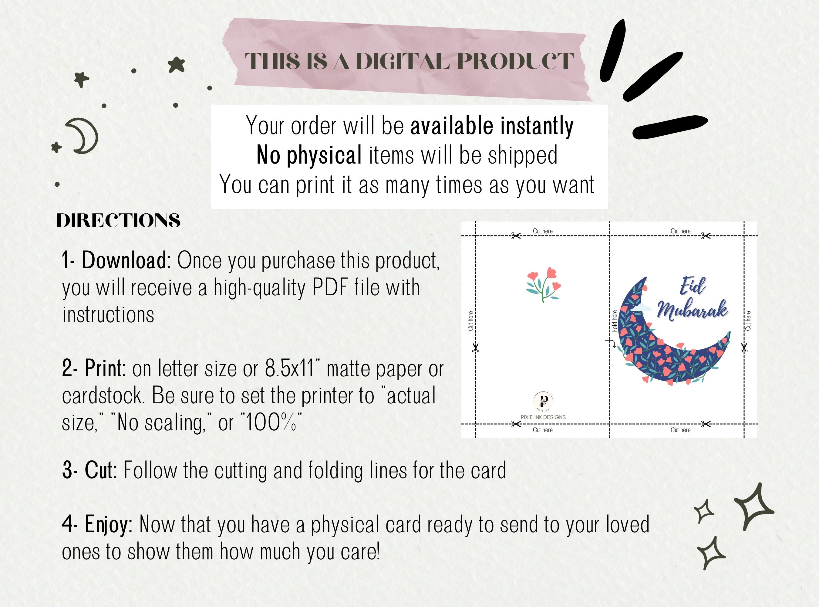 Crescent Eid Mubarak Card | Printable Eid Card | Eid Greeting Card ...