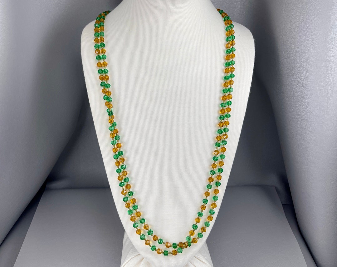 Antique Green and Yellow Glass Bead Flapper Necklace-64 Inches Long ...