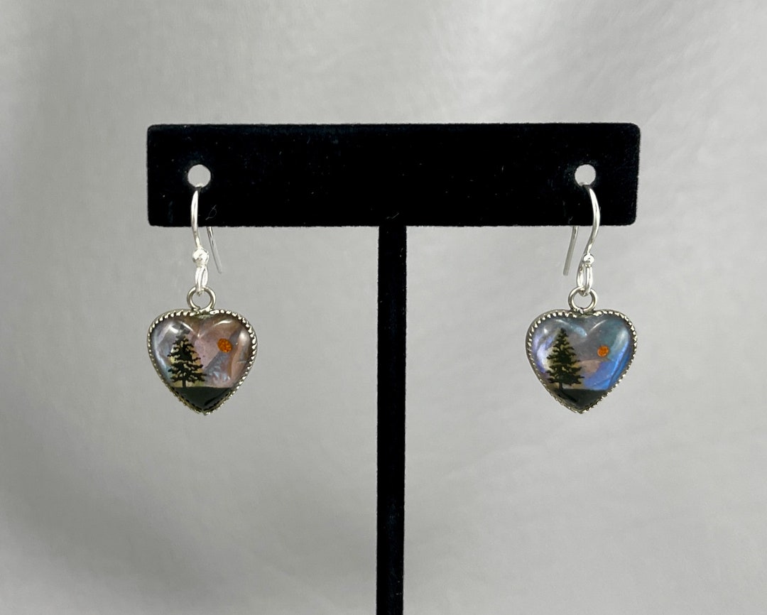 Reverse-painted Morpho Butterfly Wing Heart Earrings, With Sterling ...