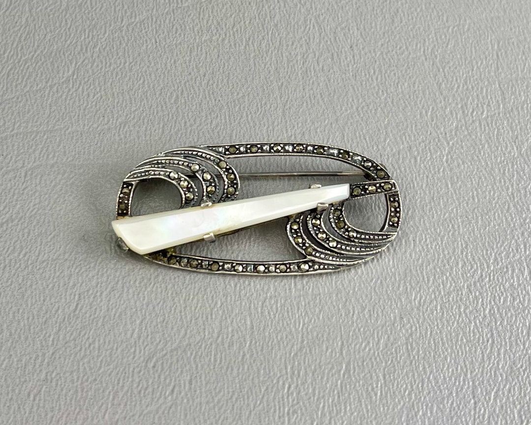 Art Deco Revival 1980s Sterling Silver Brooch With Marcasites-2 Inches ...