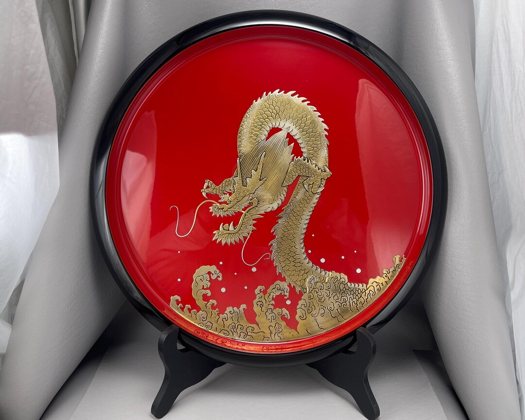Japanese Ryukyuan Lacquered Dragon Tray, With Original Box, Easel, and ...
