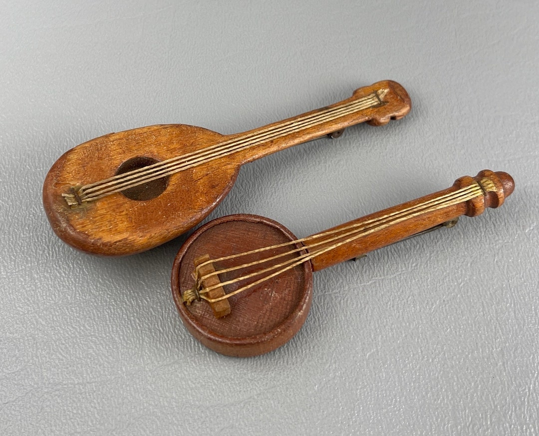 Two Antique Wooden Lute and Banjo Brooches. Please Read Description ...
