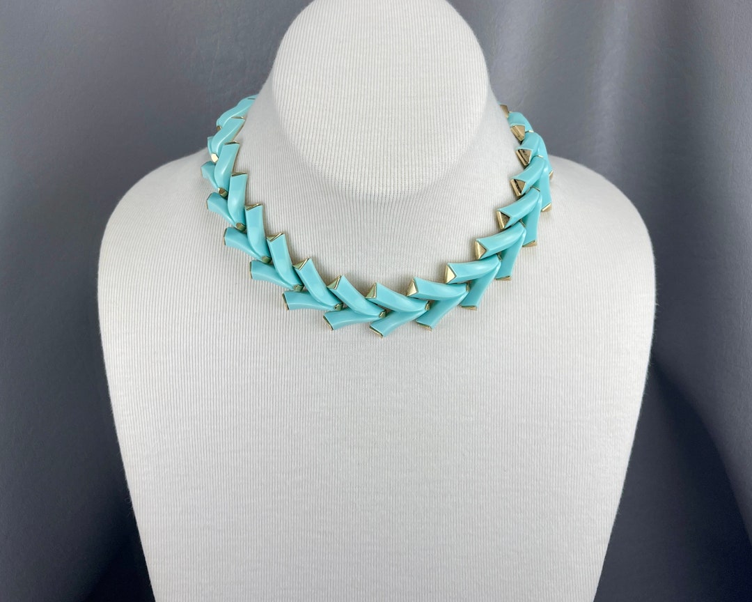 Trifari Turquoise Blue Plastic Gold-tone Necklace-16 Inches Long ...