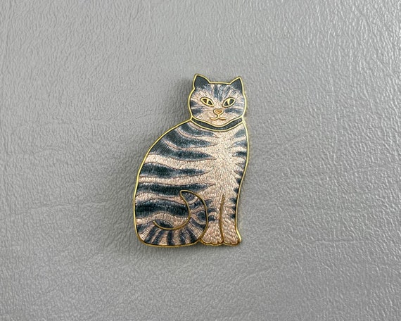 Enameled Pink and Blue Tabby Cat Brooch-Signed Fish. … - Gem