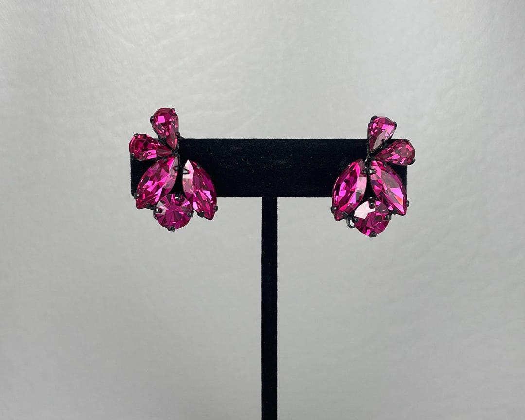 Weiss Magenta Rhinestone Clip Earrings-1 Inch Long. Please Read ...