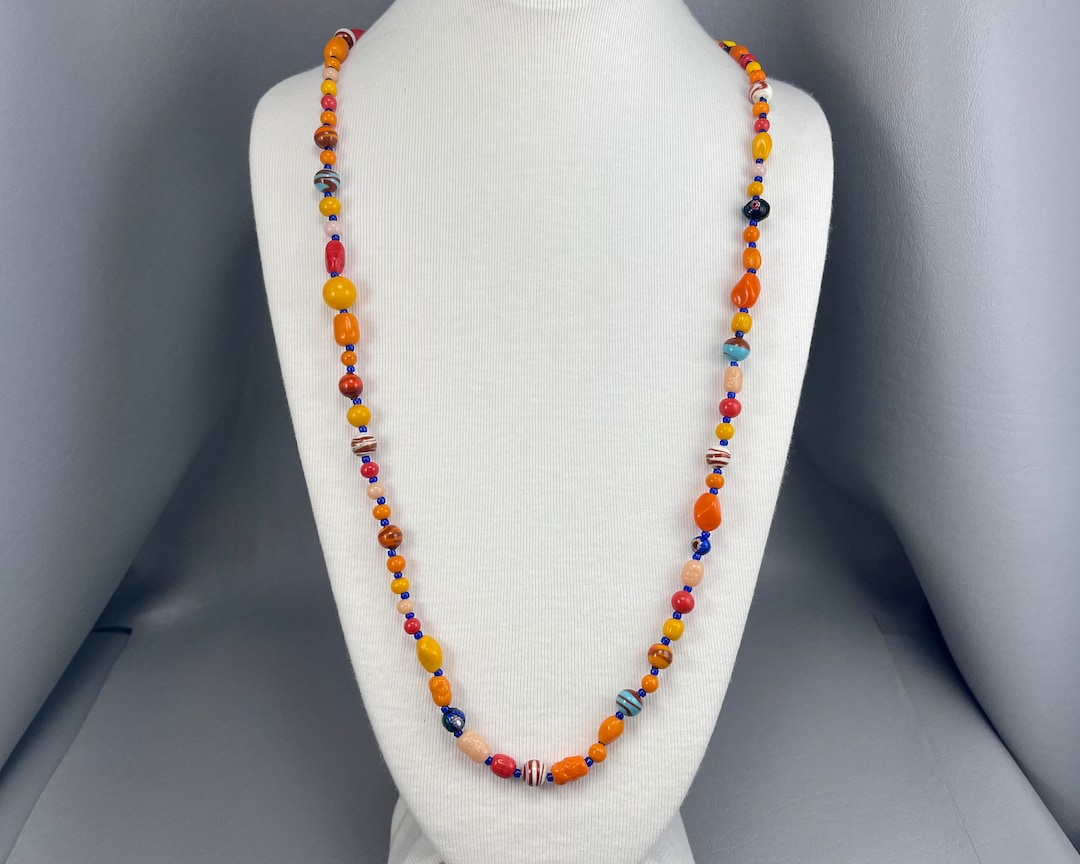 Orange Cadmium Glass and Blue Glass Bead Necklace, 38 Inches Long. Some ...