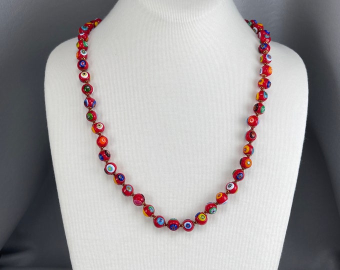 Vintage Red Millefiori Murano Italy Glass Bead Necklace-24 Inches Long ...