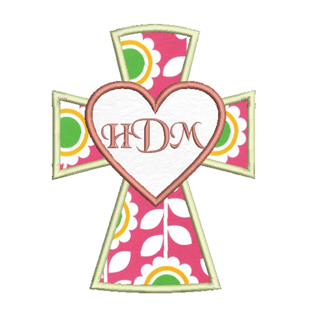 CROSS MONOGRAM in HEART Applique Design - Instant Download Digital File ...