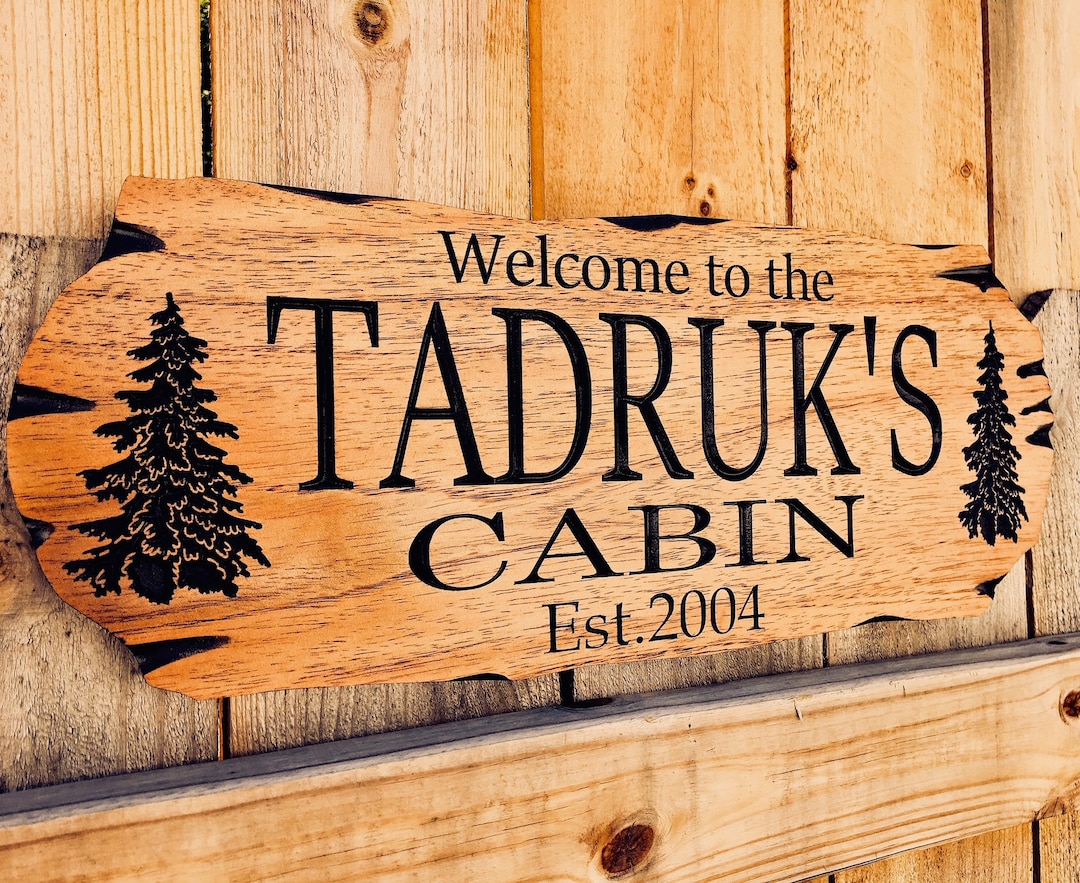 Outdoor Sign, Rot Resistant, Wooden Carved Cabin Sign, Pine Trees, Camp ...