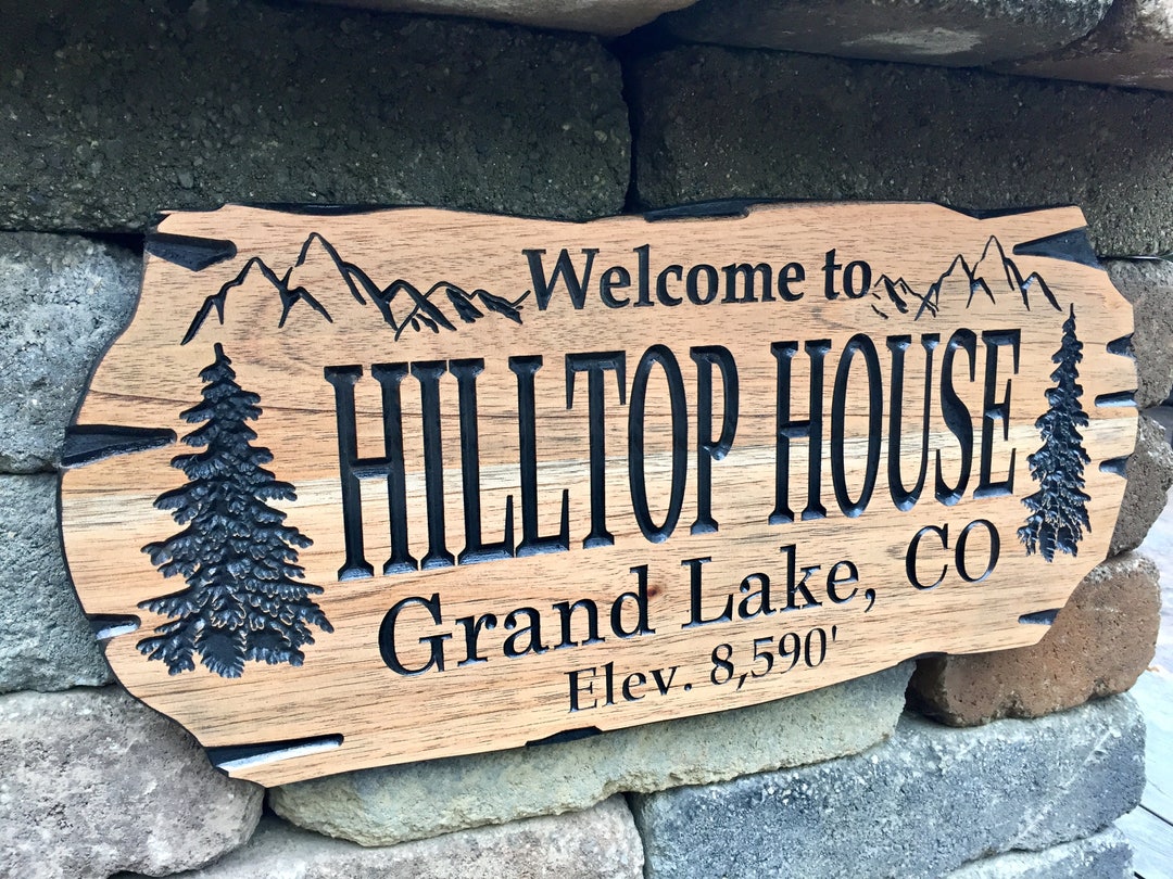 Outdoor Wooden Sign With Carved Pine Trees and Mountains Perfect for a ...