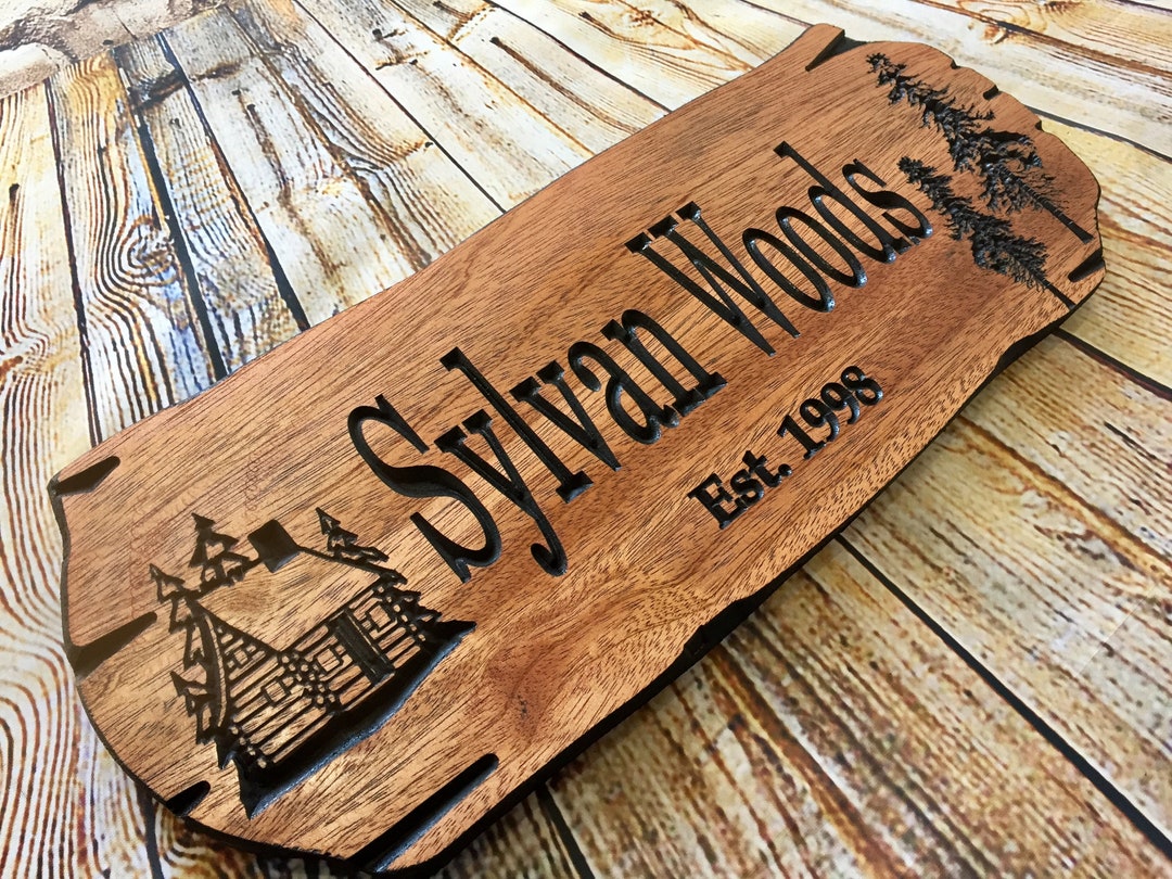 Custom Carved Wood Sign With Log Cabin, Trees and Your Personalization ...