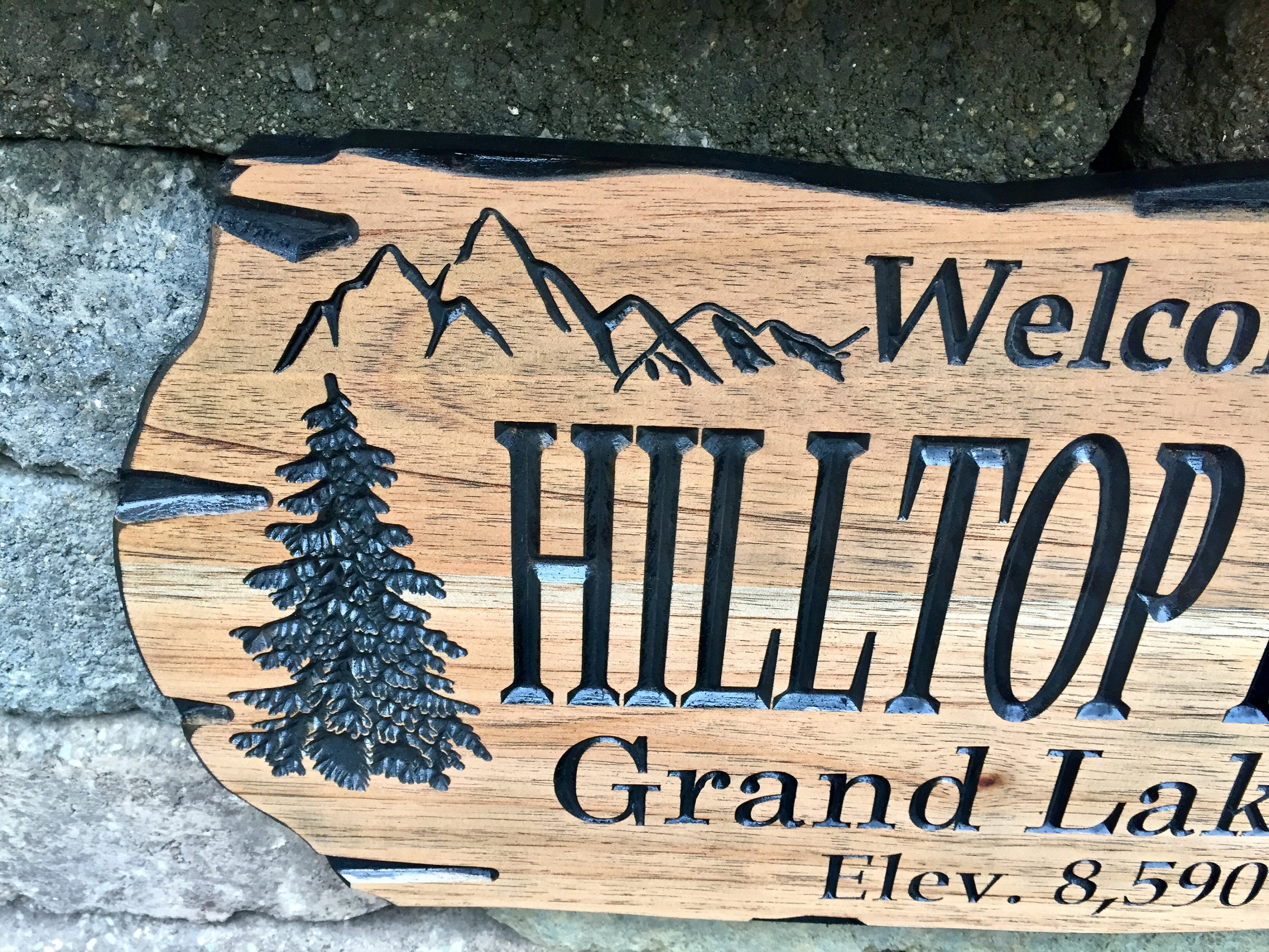 Outdoor Wooden Sign with Carved Pine Trees and Mountains Perfect for a ...