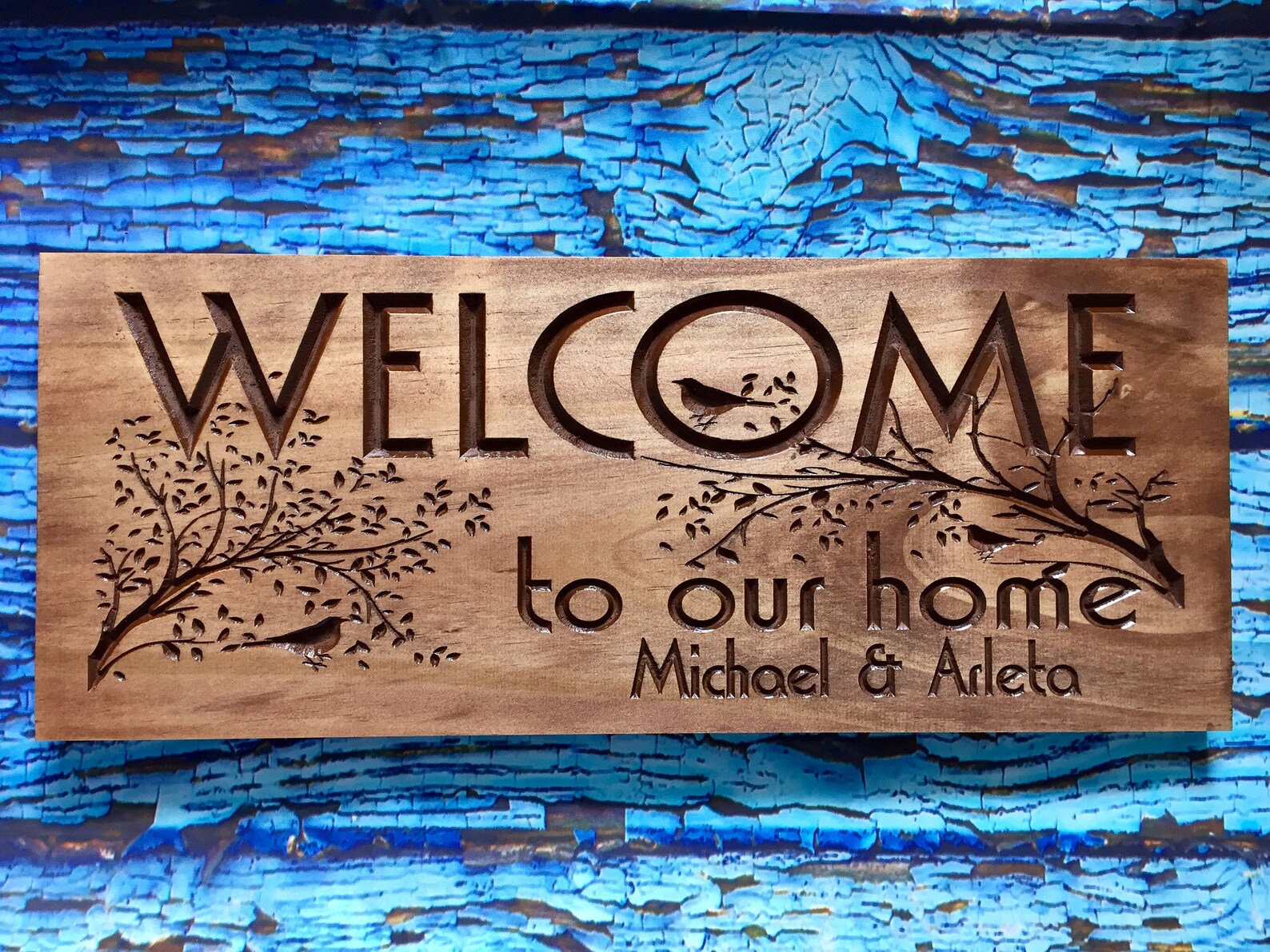 Carved Wooden Welcome Sign Nature inspired bird and tree | Etsy