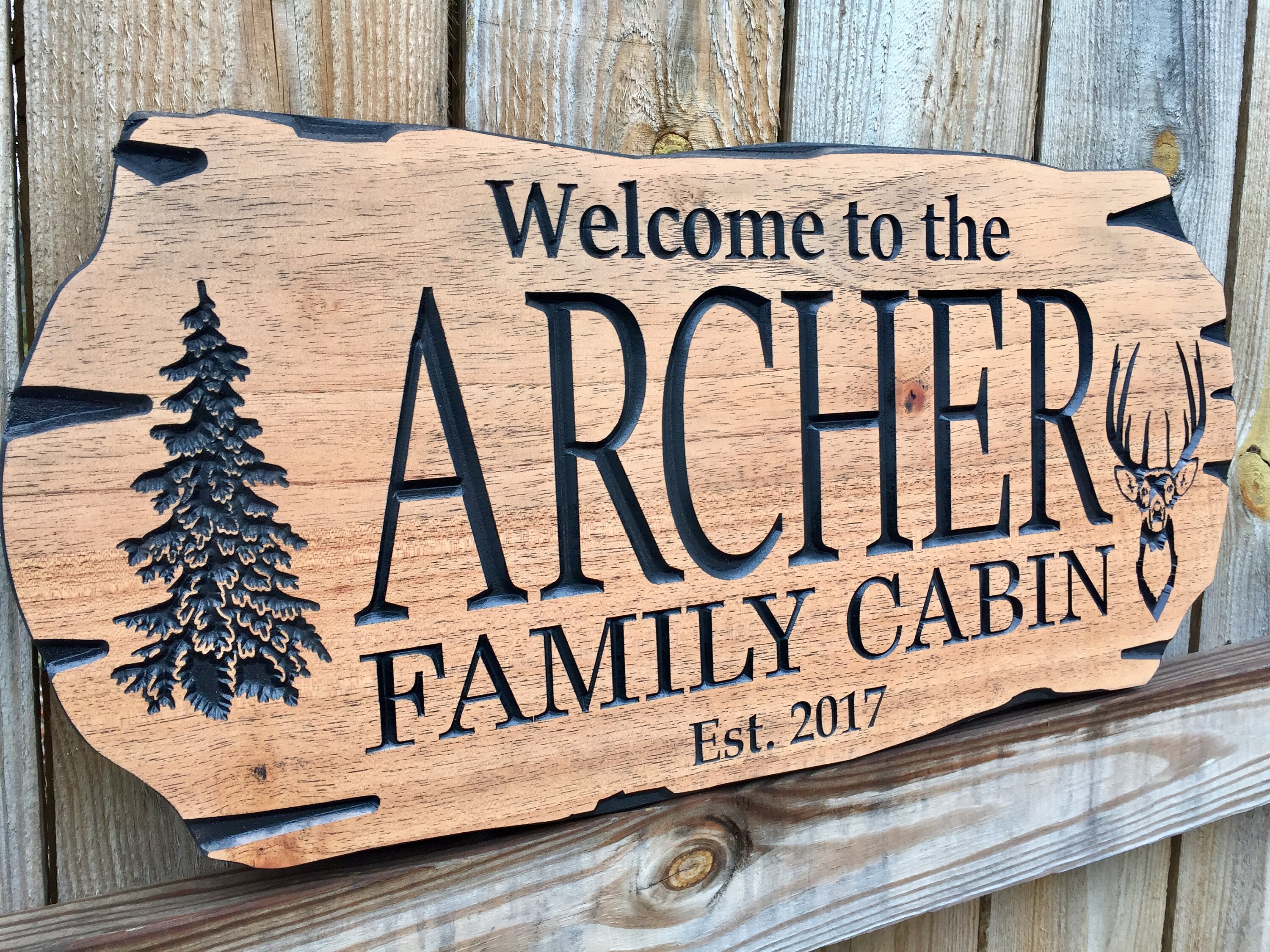 Personalized Cabin Sign With Pine Tree & Deer • Custom Carved Wood Sign ...