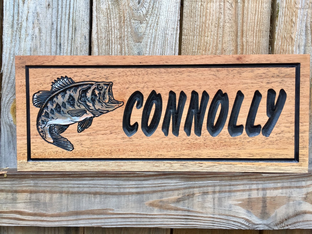 Outdoor Wooden Carved Sign With Large Mouth Bass Image and Your ...