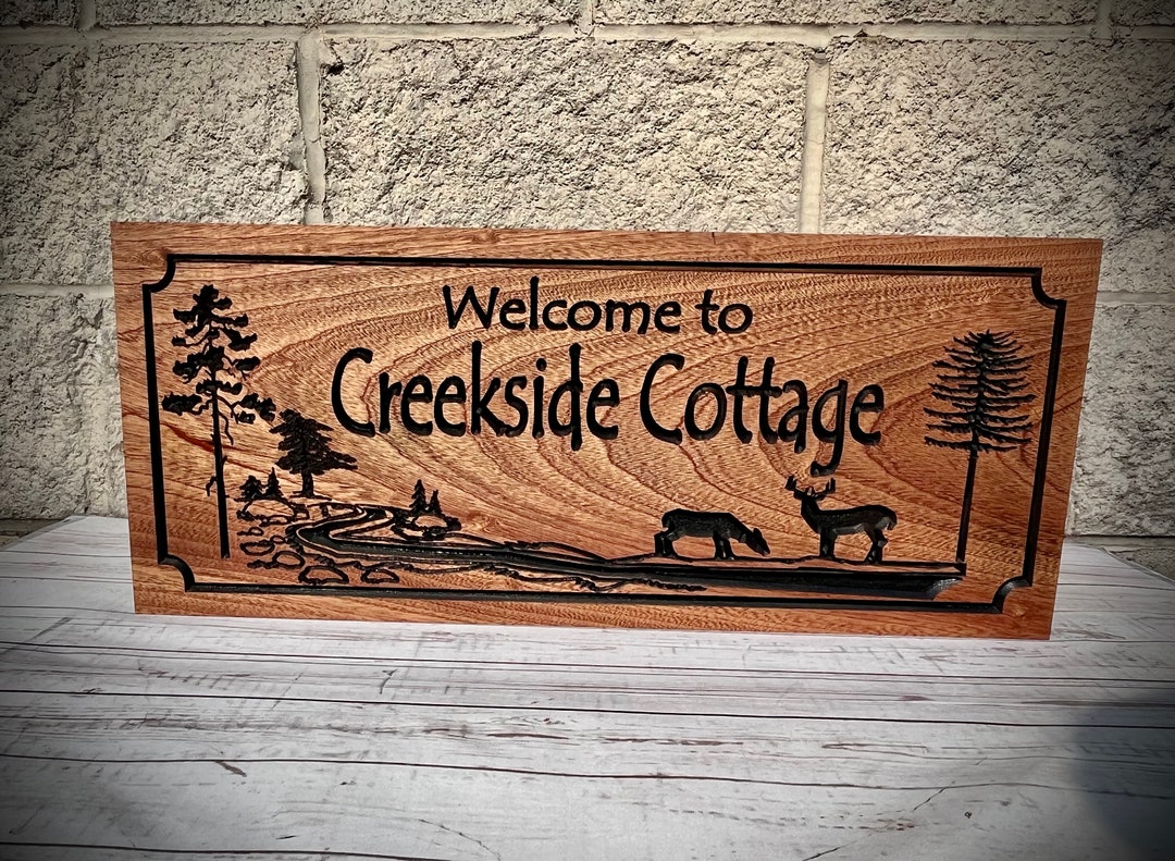 Wooden Carved Rustic Welcome Sign With Creek Scene, Deer, and Trees - Etsy