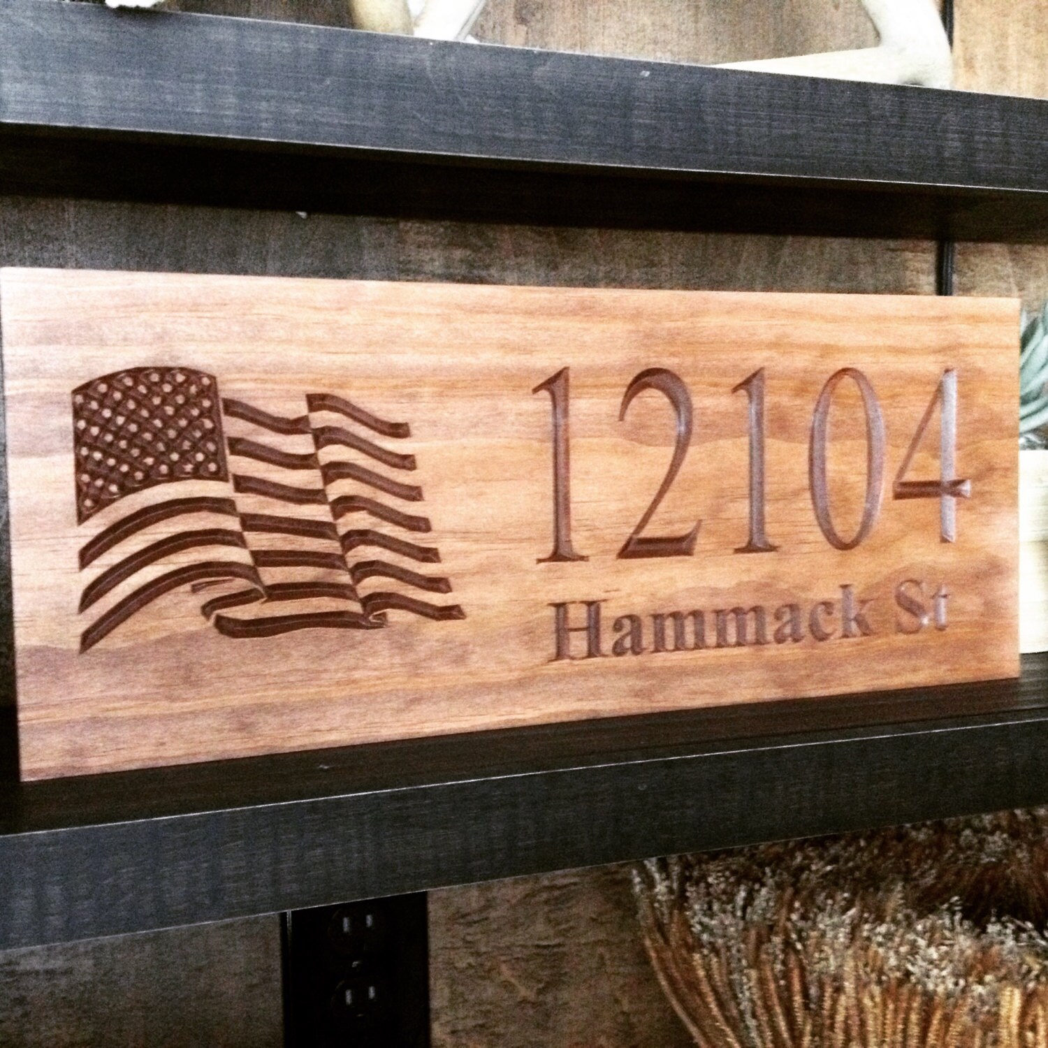 Wooden Address Sign With American Flag Outdoor Carved Sign | Etsy