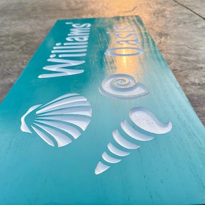Custom Wooden Carved Beach House Sign With Sea Shells, Personalized ...
