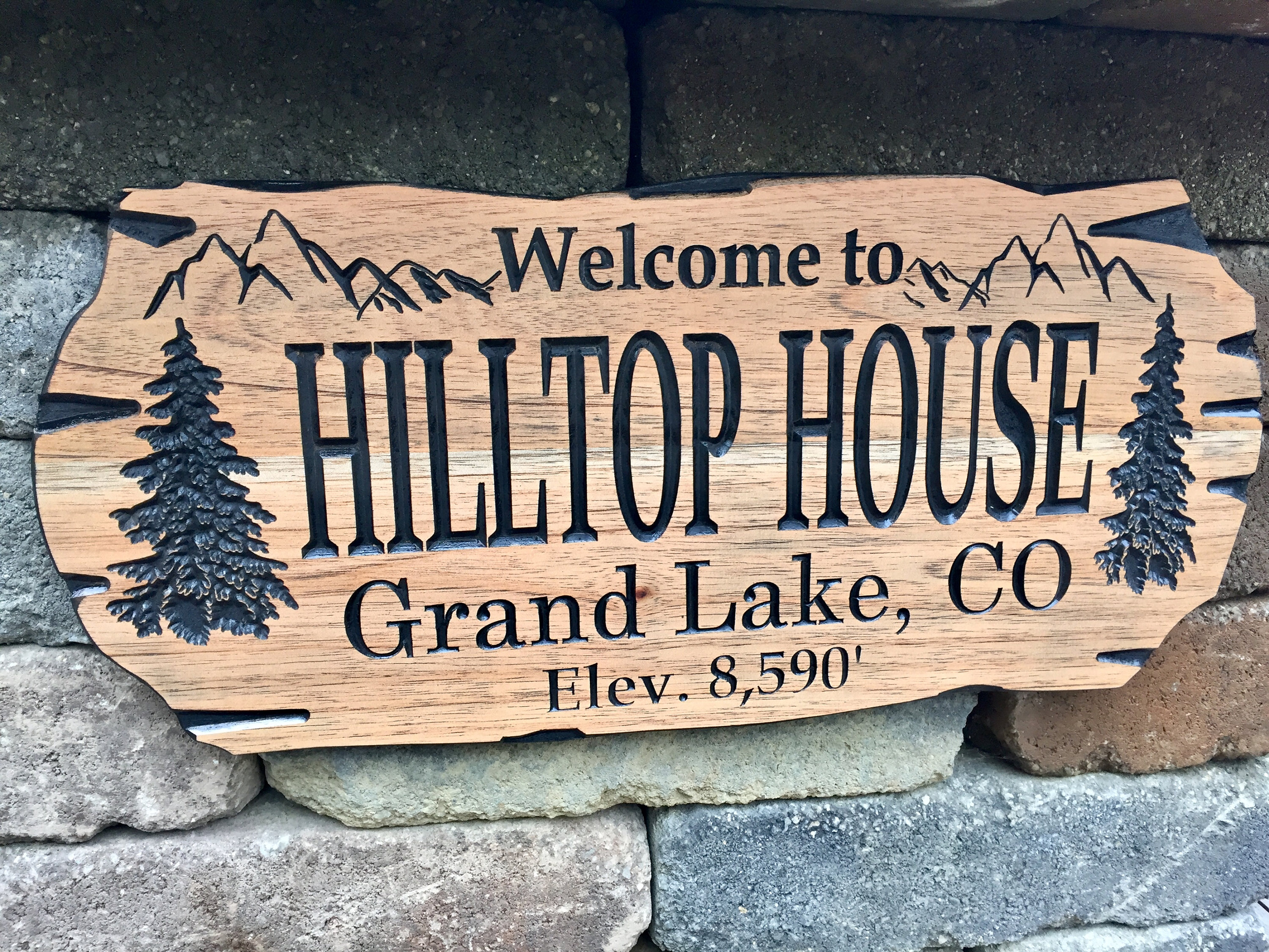 Outdoor Wooden Sign with Carved Pine Trees and Mountains Perfect for a ...