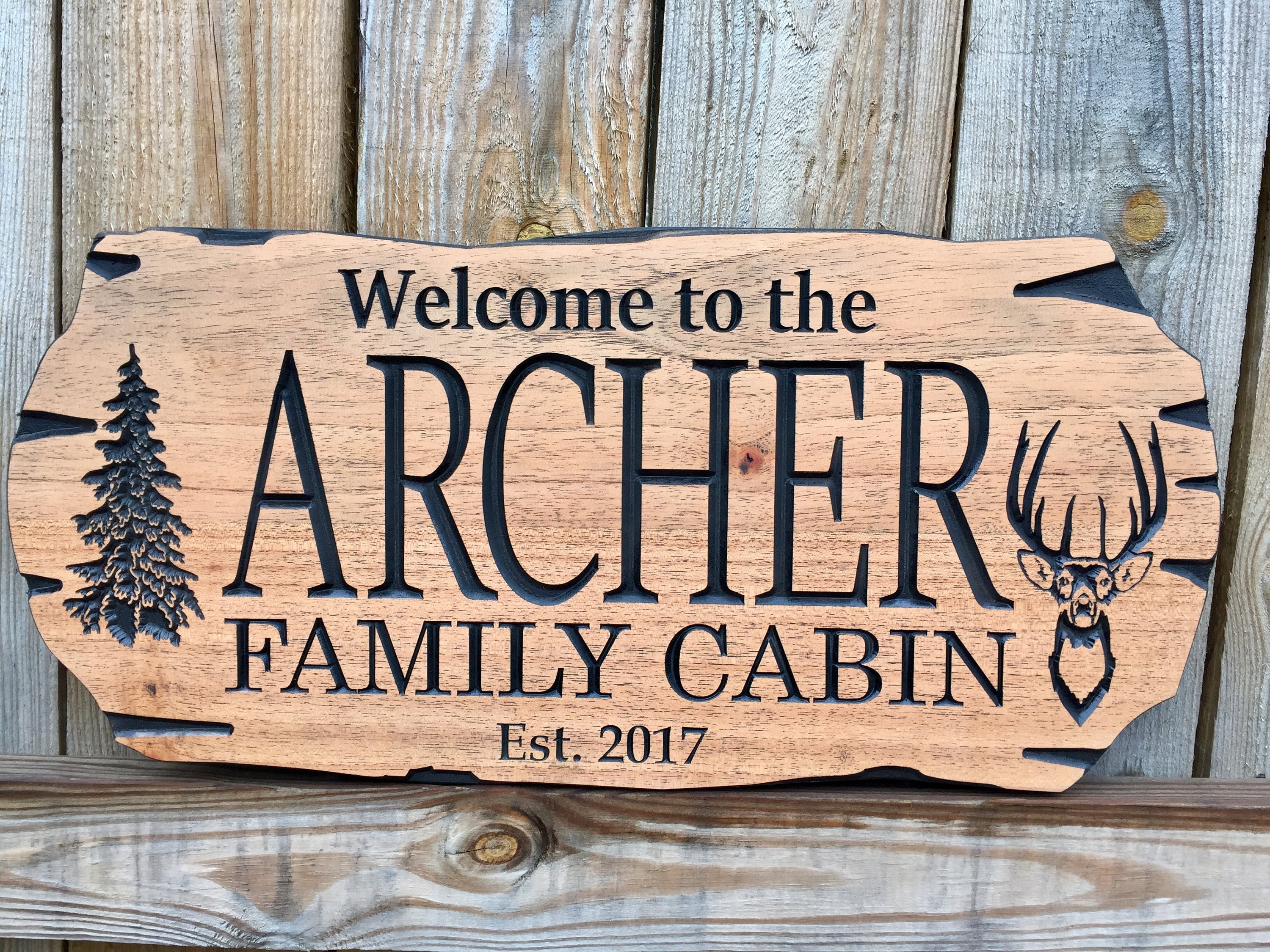 Outdoor Wooden Carved Cabin Sign With Pine Tree and Whitetail Deer - Etsy