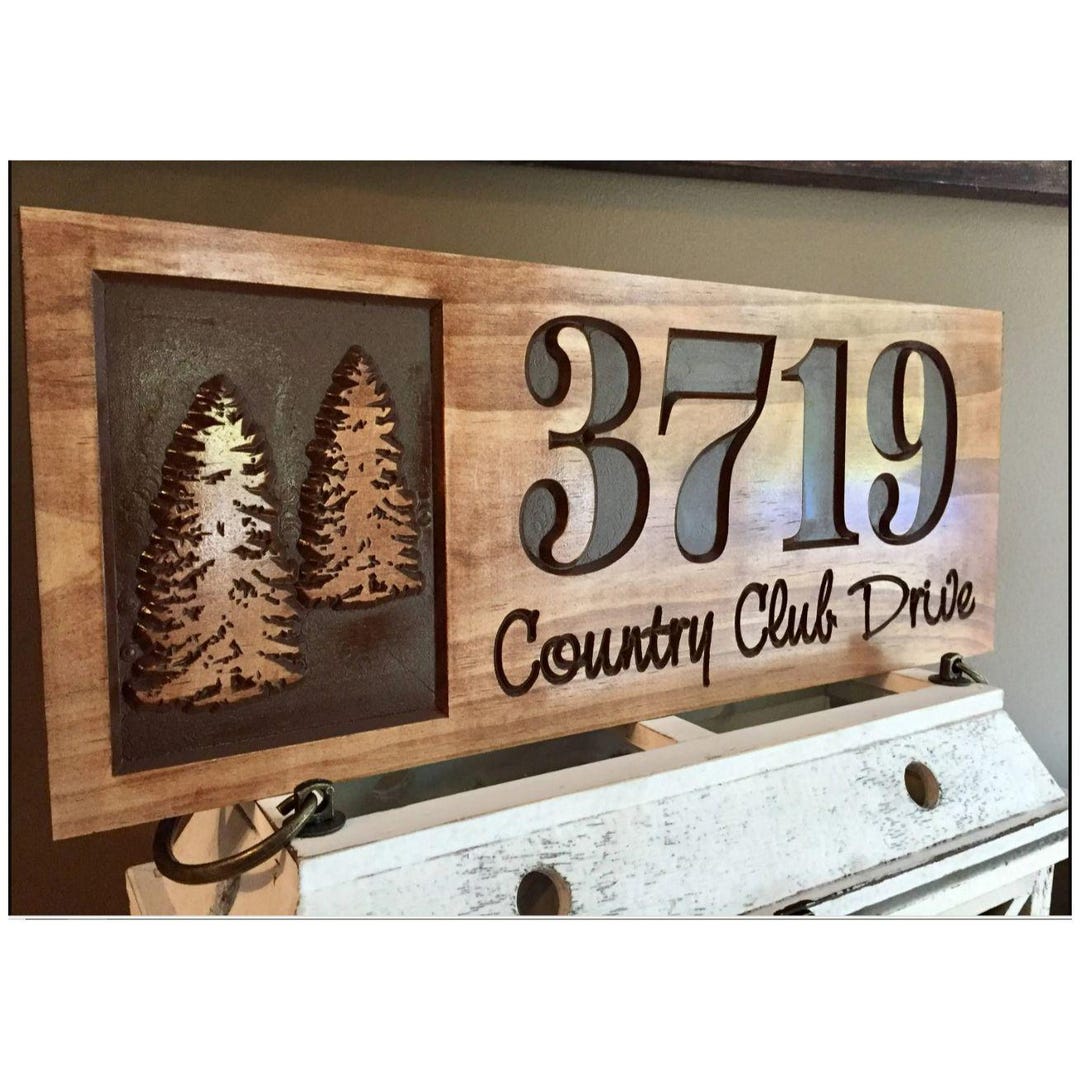 Wooden Carved Address Sign Personalized With Large Numbers and Street ...