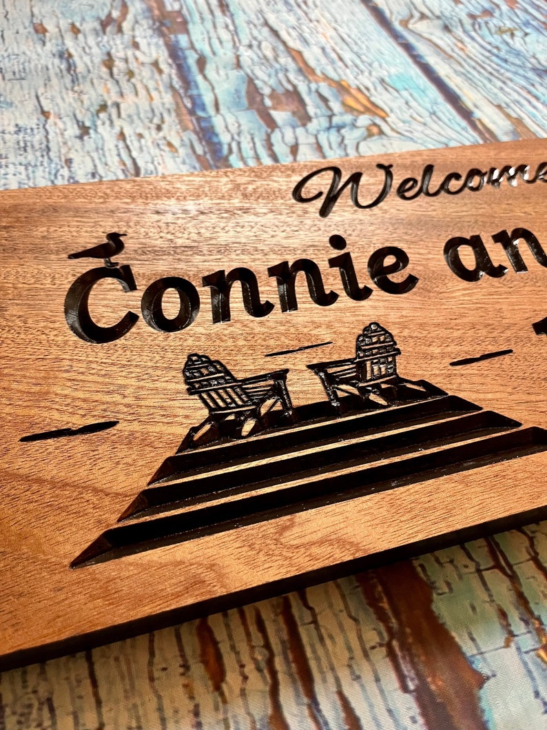Wooden Carved Welcome Sign With Wood Dock Adirondack Chairs - Etsy