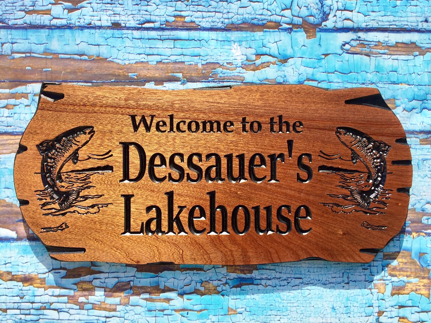 Lake House Sign with Fish and Water, Family Camping Sign, Personalized ...