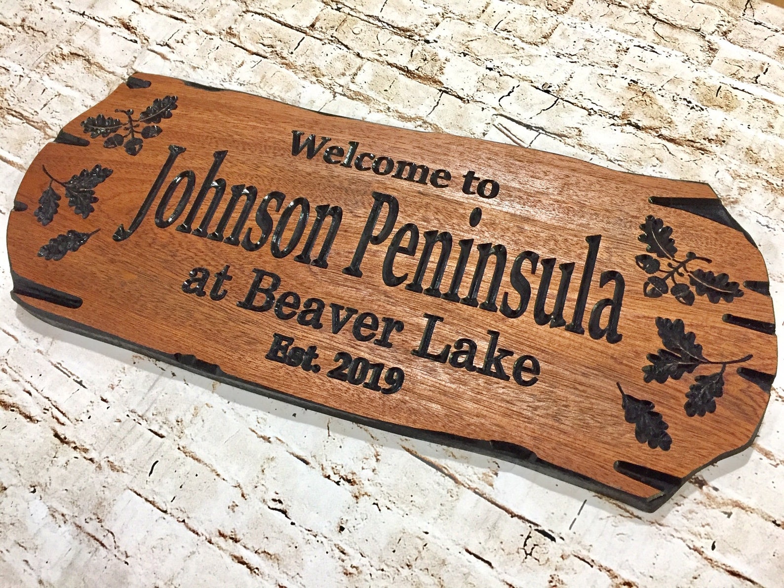 Custom Outdoor Wooden Carved Sign With Oak Leaves, Acorns, and Hand ...