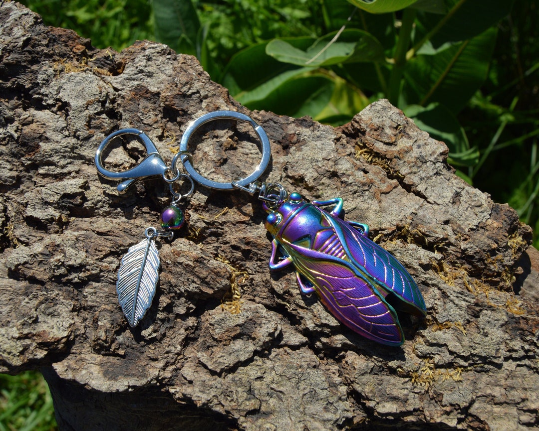 Cicada Keychain, Rainbow Metallic Insect Handbag Dangle, Bug Tote Charm ...