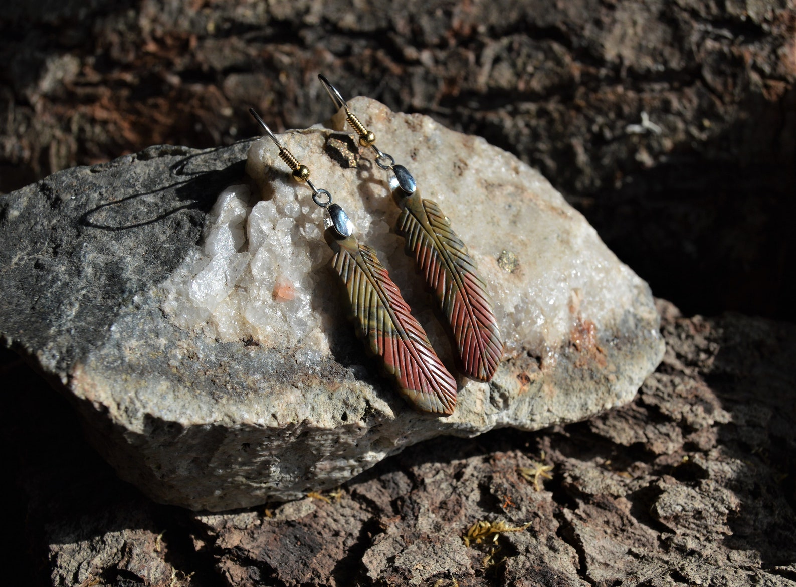 Natural Stone Feather Earrings Carved Picasso Jasper Stone - Etsy