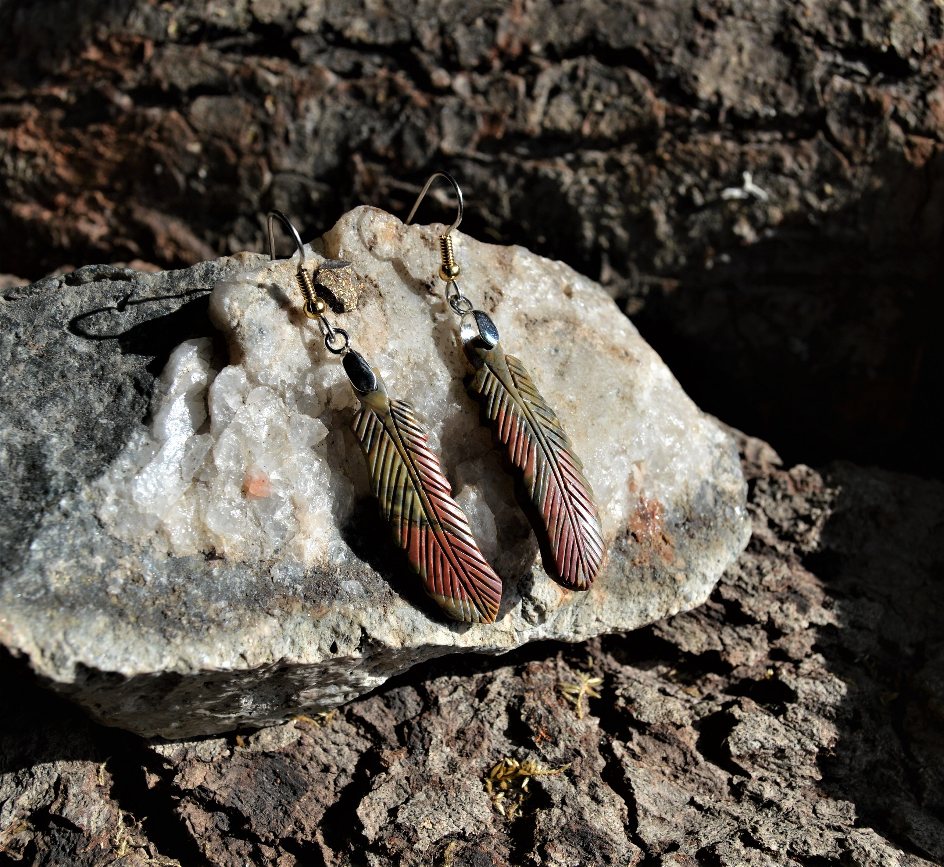 Natural Stone Feather Earrings Carved Picasso Jasper Stone - Etsy
